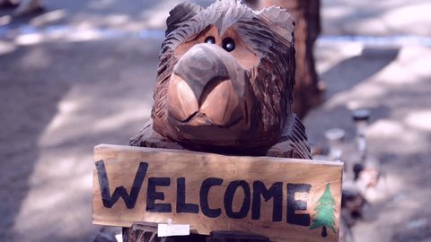 Wooden Bear Holding Welcome Sign Stock Footage Video (100% Royalty-free ...