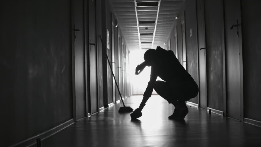pan silhouette tired female janitor scrubbing Stock Footage Video (100% ...