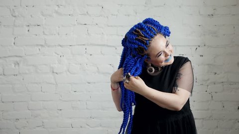 Portrait Attractive Girl Blue Dreadlocks Shaking Stock Footage Video ...