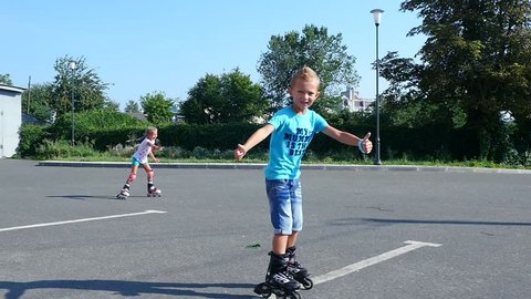 Happy Children Two Boys Seven Rollerblading Stock Footage Video (100% ...