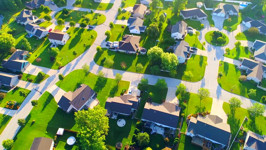 breathtakingly beautiful neighborhoods homes springtime aerial Stock ...