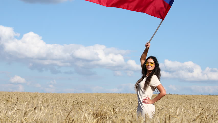 russian flag young beautiful brunette woman Stock Footage Video (100% ...