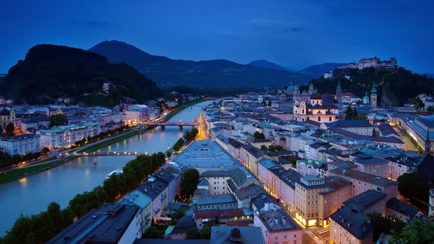 Night Time with lights on the river in Salzburg, Austria image - Free ...