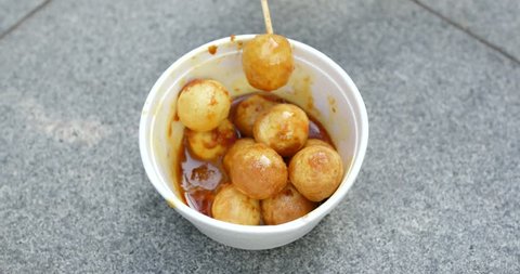 Eating Fish Ball Together Outdoor Hong Stock Footage Video (100% ...