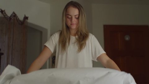 Woman Flapping Bed Sheets 92 Fps Stock Footage Video (100% Royalty-free ...