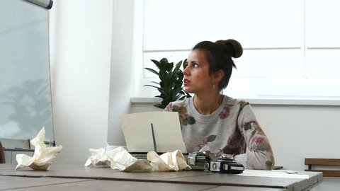 Sad Young Female Writer Working On Stock Footage Video (100% Royalty ...