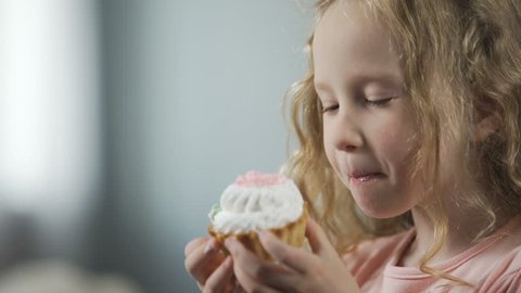 Closeup Pretty Little Girl Biting Cake Stock Footage Video (100% ...
