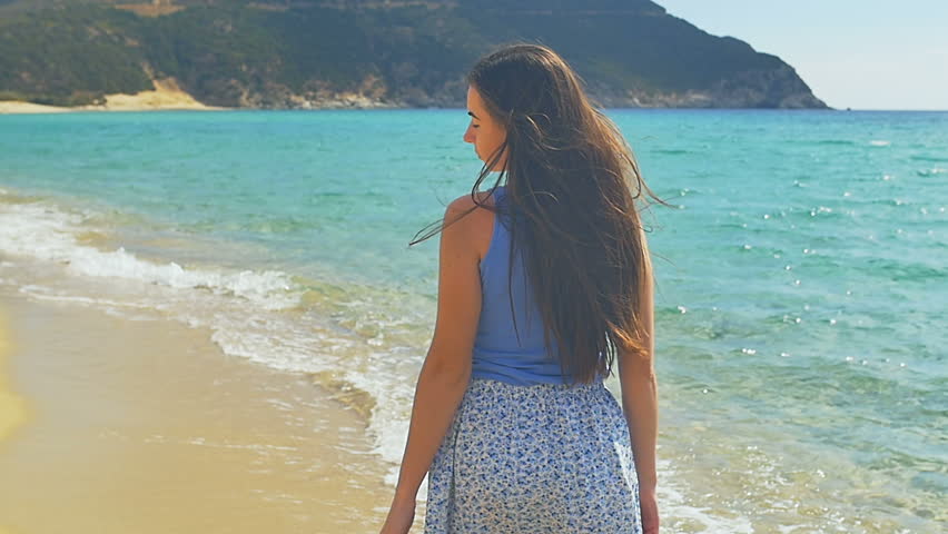 Back View Woman Beach Sunny Beach Stock Footage Video (100% Royalty ...