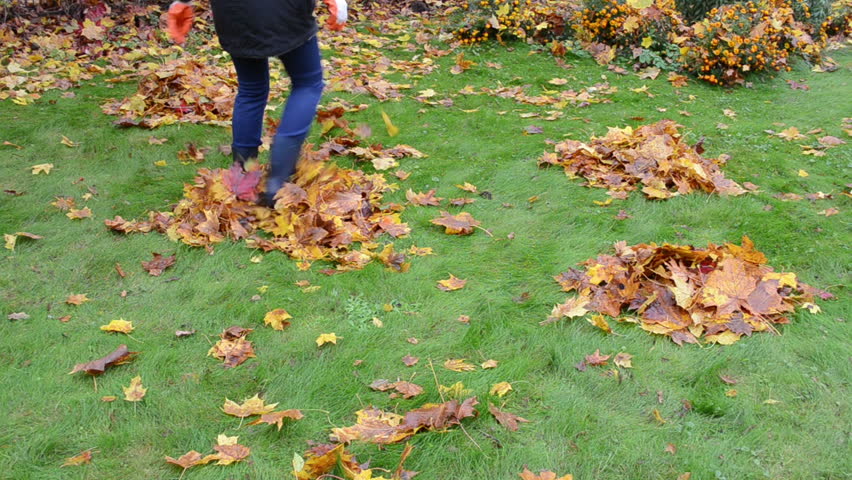 woman rubber boots kick mess rake Stock Footage Video (100% Royalty ...