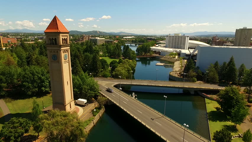 aerial view spokane downtown river-walk road Stock Footage Video (100% ...