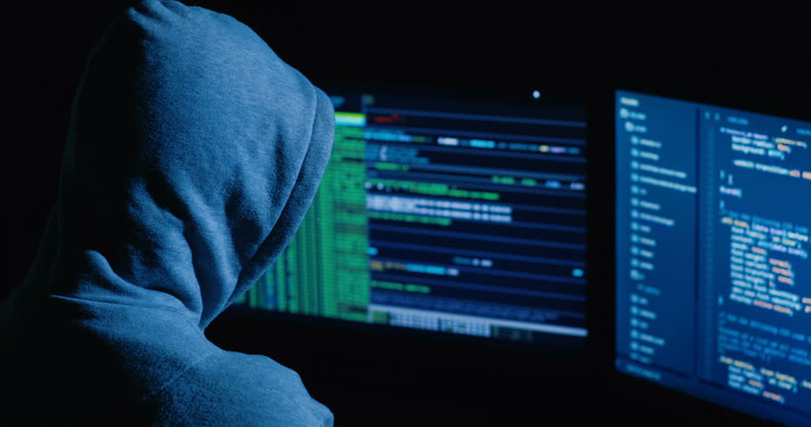 Man Geek Hacker In Hood With Glasses Working At Computer While Blue 3135