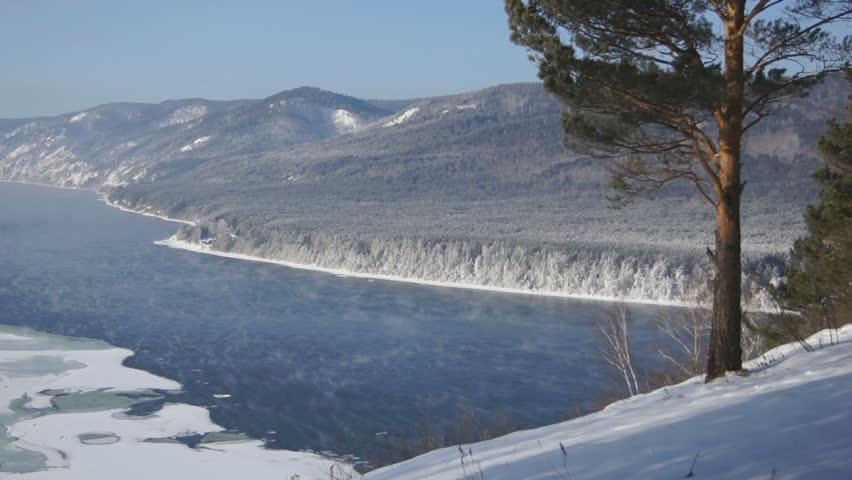 river yenisei winter landscape tree view Stock Footage Video (100% ...