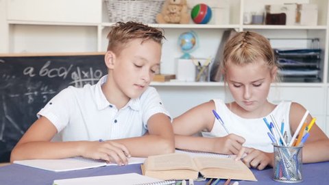 Boy Girl Writing Notebook Their Homework Stock Footage Video (100% ...