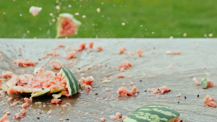 ripe watermelon falls floor smashes pieces Stock Footage Video (100% ...