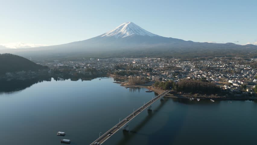 Aerial view 4k video of Mount Fuji and bridge at Kawaguchiko Lake in ...