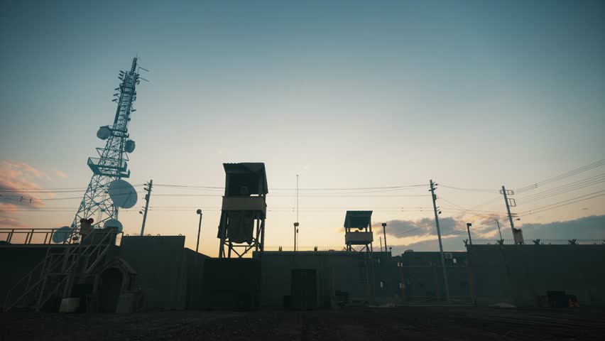Checkpoint at the border fence. Military border. A silhouette of a ...