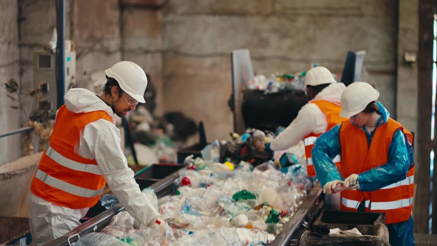 Shot from the side three workers in white uniforms in orange vests sort ...