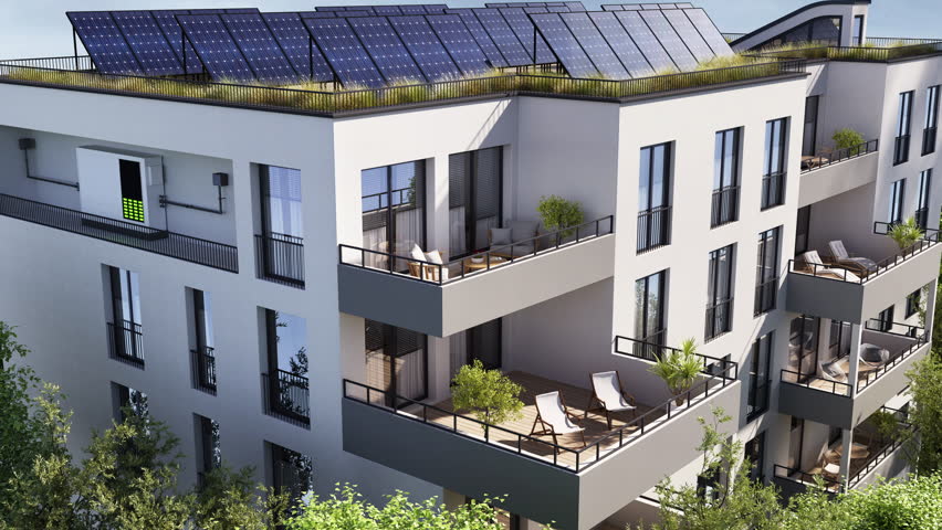Modern residential building with solar panels and storage batteries ...