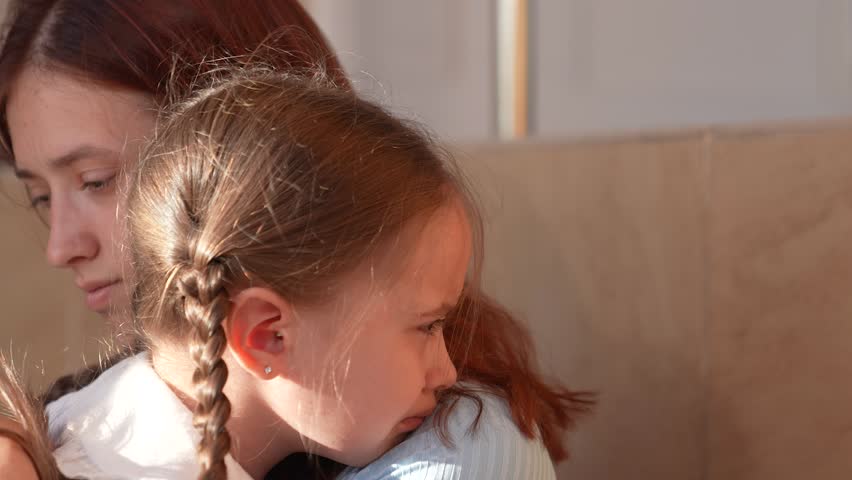 girl child kid daughter crying mother arms, school education, child hug ...
