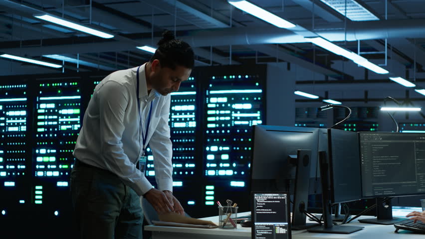 Admin in data center working with colleague to maintaining accurate documentation of equipment ...