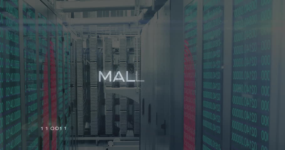 Malware text overlay on server room with digital data processing ...