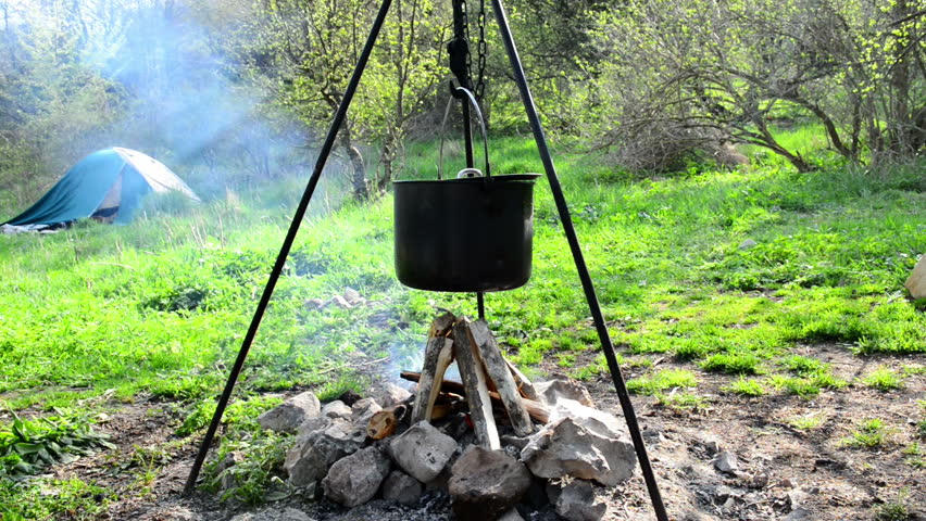 Pot Boiling On Fire. Fireplace Stock Footage Video (100% Royalty-free ...