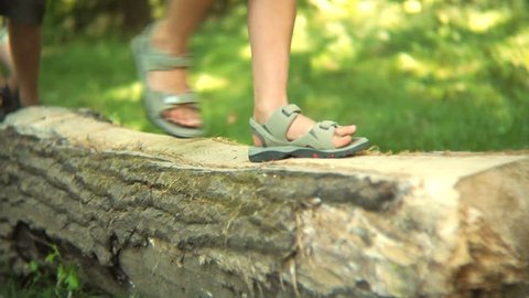 Close Kids Feet Walking Over Log Stock Footage Video (100% Royalty-free ...