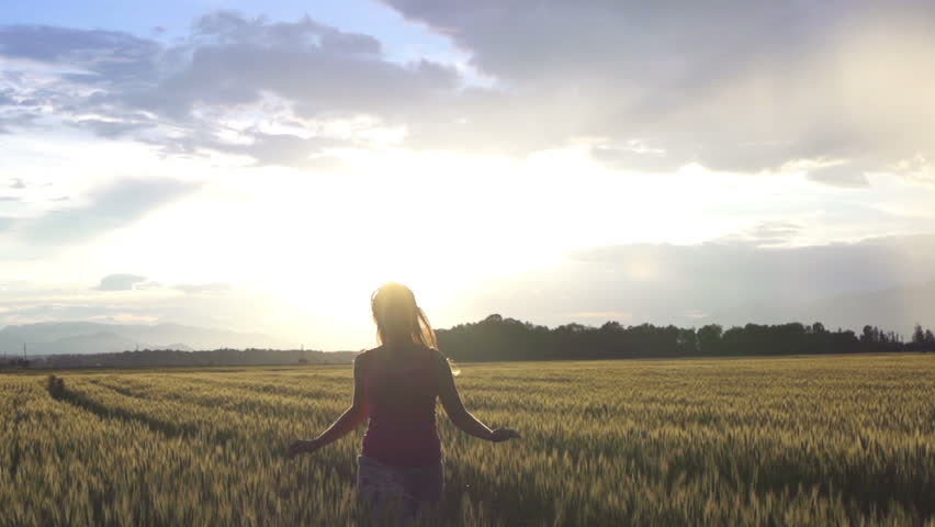 aerial slow motion girl running wheat Stock Footage Video (100% Royalty ...