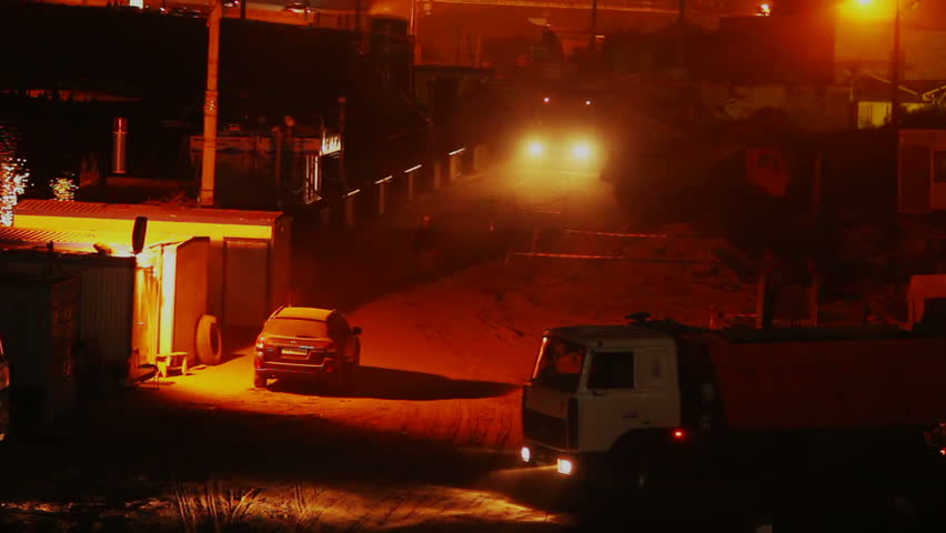 Construction Yard Night Shift, Trucks Stock Footage Video (100% Royalty ...