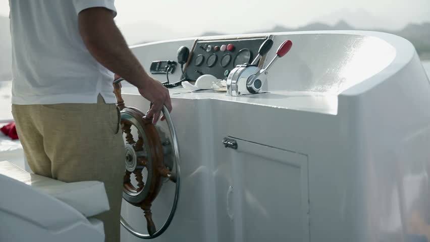 Ship Captain Controlling Steering Wheel. Stock Footage Video (100% ...