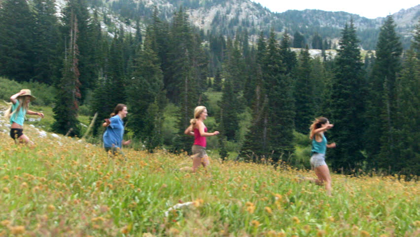 group five teenage girls joyfully running Stock Footage Video (100% ...