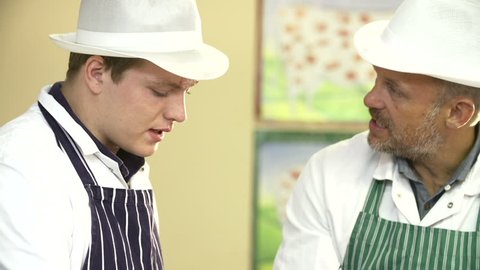 Butcher Explaining Apprentice Correct Way Prepare Stock Footage Video ...