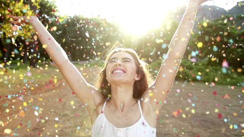Young Woman Throwing Confetti Park Slow Stock Footage Video (100% ...