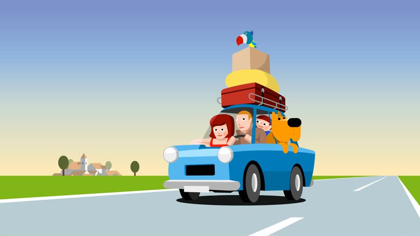 family blue car loaded luggage cartoon Stock Footage Video (100% ...