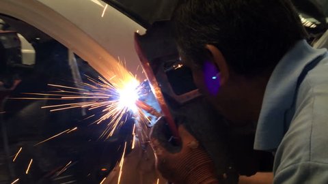 Closeup Blacksmith Welder Protective Mask Works Stock Footage Video ...