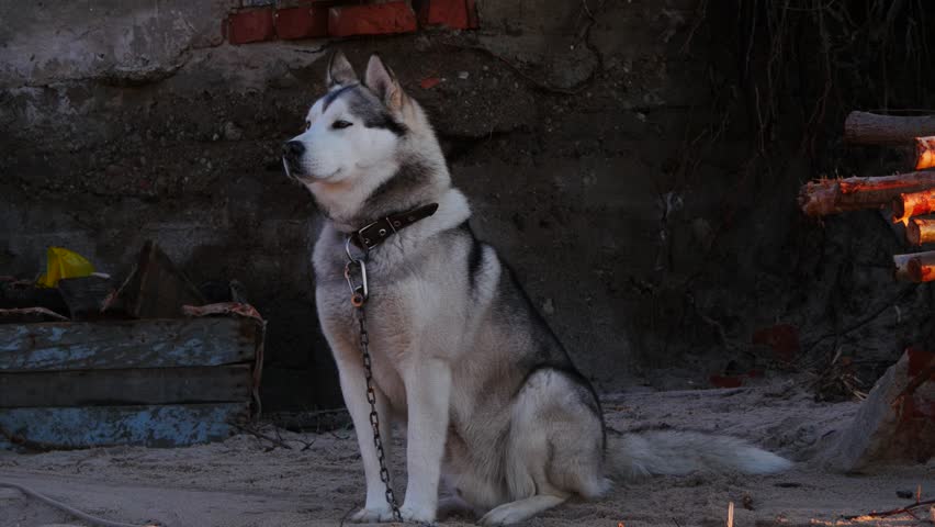 adult husky dog on chain sniffs Stock Footage Video (100% Royalty-free ...