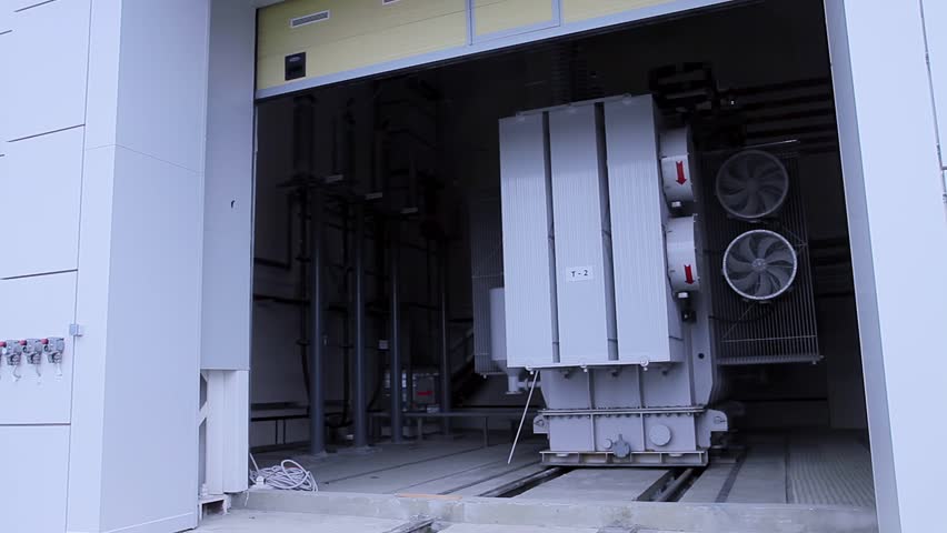 power transformer inside electrical substation building Stock Footage ...