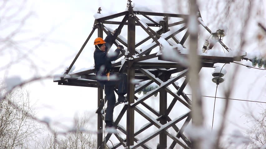 Worker On the Electricity Pylon. Stock Footage Video (100% Royalty-free ...