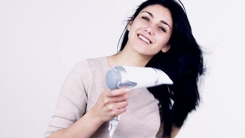 Cute Girl Blow Drying Hair Studio Stock Footage Video (100% Royalty ...